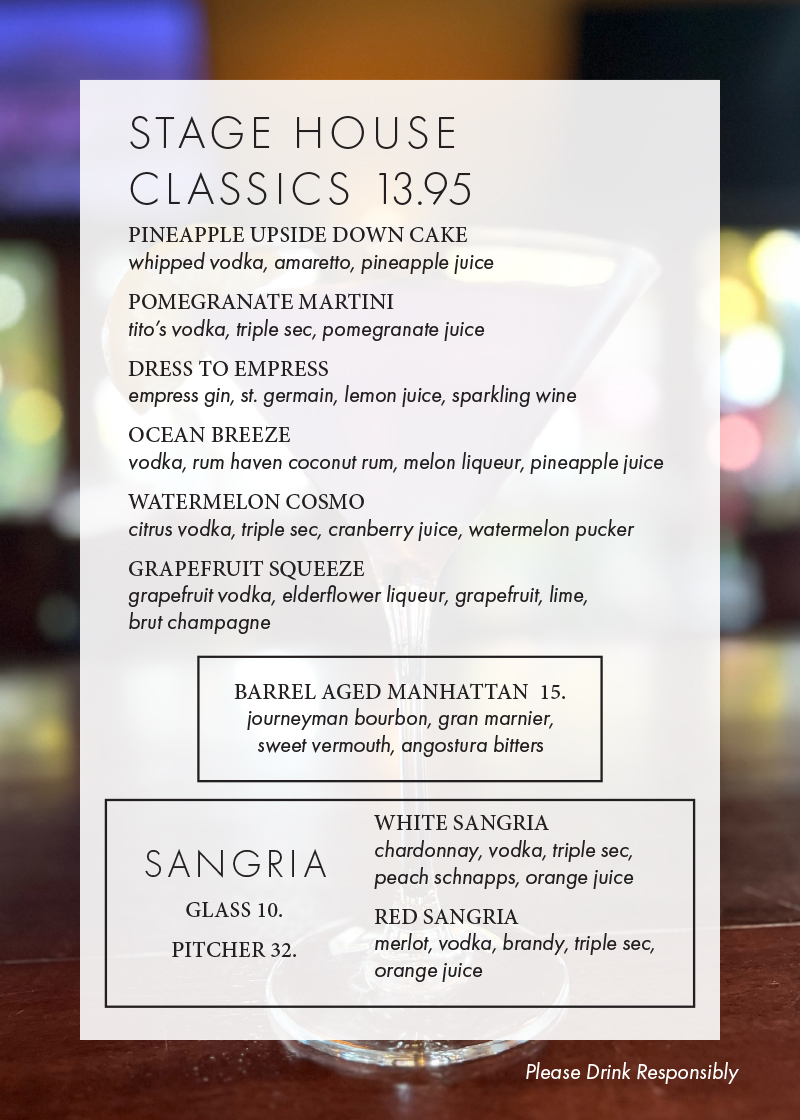 Drink Menu Somerset, NJ Stage House Tavern